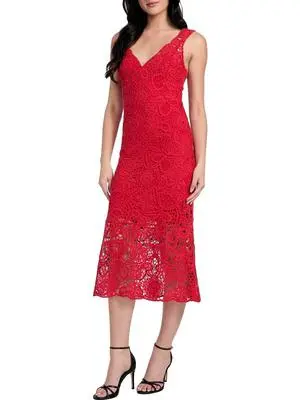 Guess Rosalia Floral Lace Midi Dress - Siren Red Multi