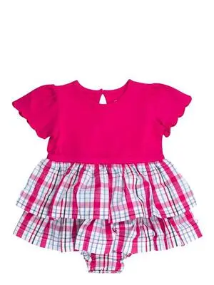 RUFFLEBUTTS Adley Plaid Mixed Media Stretch Cotton Skirted Bodysuit - Pink