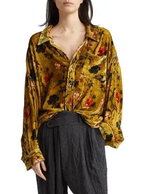 R13 Drop Neck Oversized Floral Velvet Shirt - Ochre Floral