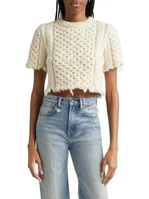 R13 Cutoff Shrunken Fisherman Stitch Wool Sweater