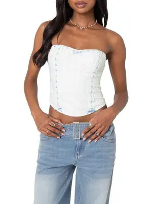 EDIKTED Lacey Ribbon Corset Crop Top - White