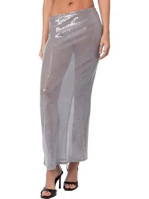 EDIKTED Sequin Embellished Sheer Maxi Skirt - Gray