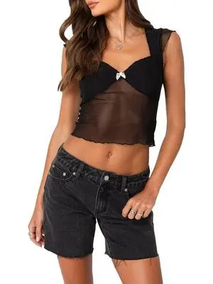 EDIKTED Sheer Mesh Crop Top With Bow Detail - Black