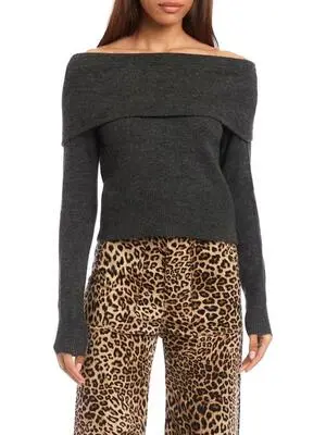 Fifteen Twenty Monique Off The Shoulder Foldover Rib Sweater - Charcoal
