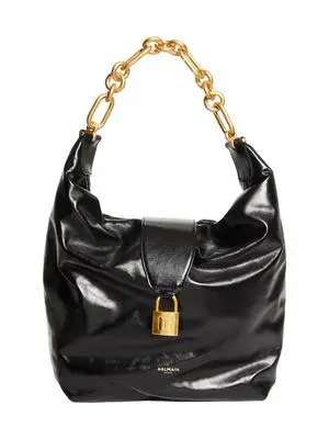Balmain Leather Hobo Bag With Chain Strap - Black