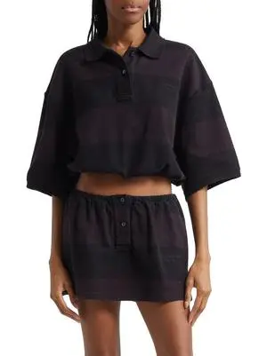 Alexander Wang Deconstructed Crop Piqué Polo - Black Overdyed Stripe