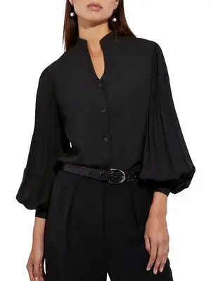 Misook Balloon Sleeve Button-up Shirt - Black