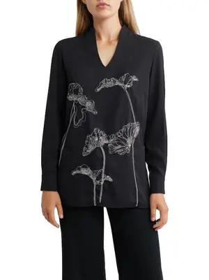 Misook Embroidered Crêpe De Chine Tunic - Black/white
