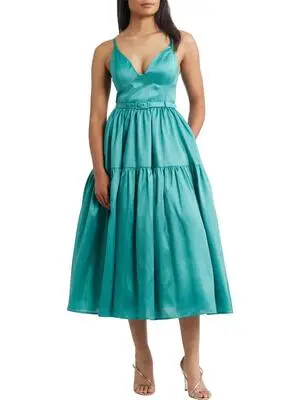 HUTCH Belted Bustier Tiered Dress - Teal