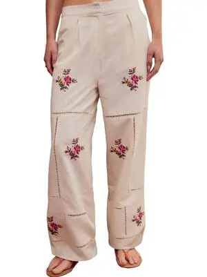 NEXT Floral Embroidered Wide Leg Trousers - White