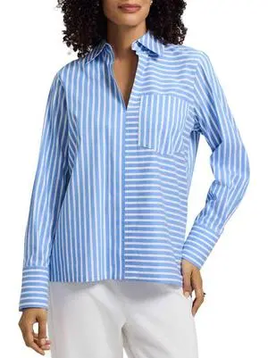 Foxcroft Bella Stripe Popover Top - Periwinkle Blue/white
