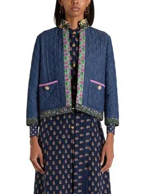 Valentino Garavani Floral Print Quilted Denim Jacket - Navy