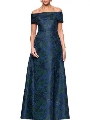 XSCAPE EVENINGS Off-the-shoulder Brocade Ballgown - Navy/green