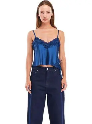 MOTHER OF ALL Mabel Lace Trim Silk Camisole Navy