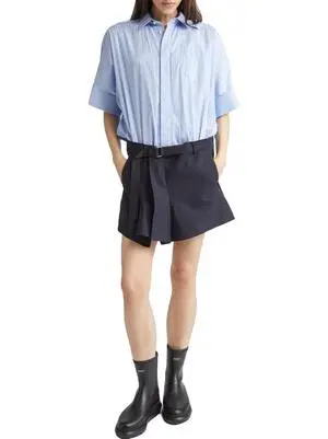 Sacai Mixed Media Shirtdress - Light Blue/stripe Navy