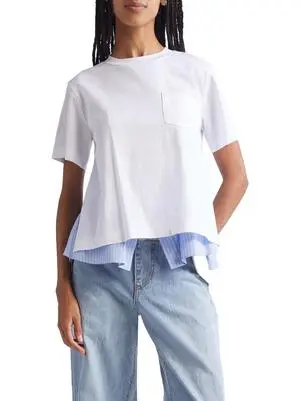 Sacai Mixed Media Jersey & Poplin Pocket T-shirt - White/light Blue Stripe