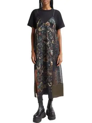 Sacai Floral Print Slipdress Overlay T-shirt Dress - Black/navy
