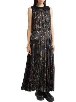 Sacai Floral Sleeveless Gathered & Pleated Dress - Navy