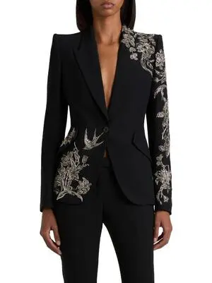 Alexander McQueen Tattoo Embroidery Peak Shoulder Crepe Blazer - Black