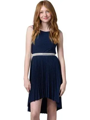 UN DEUX TROIS Glitter Pleated High Low Dress With Belt - Navy