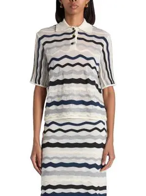 Bottega Veneta Layered Chevron Stripe Polo Sweater - Chalk Wave Grey