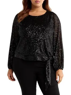 TAHARI ASL Sequin Tie Hem Top - Black