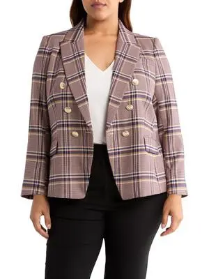 TAHARI ASL Plaid Double Breasted Jacket - Tan Plum