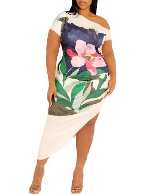 BUXOM COUTURE Floral One-shoulder Knit Dress Asymmetric Hem - Beige Multi