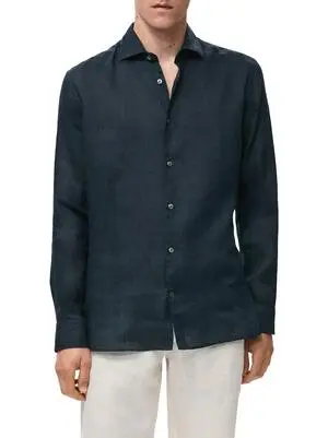 Mango Slim Fit Linen Button-up Shirt - Dark Navy