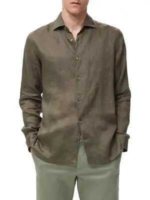 Mango Slim Fit Linen Button-up Shirt - Khaki Green