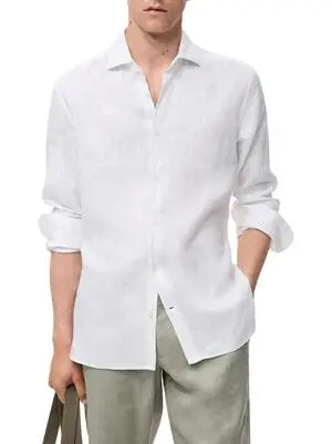 Mango Slim Fit Linen Button-up Shirt - White