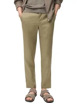 Mango Slim Fit Flat Front Linen Trousers - Khaki Green
