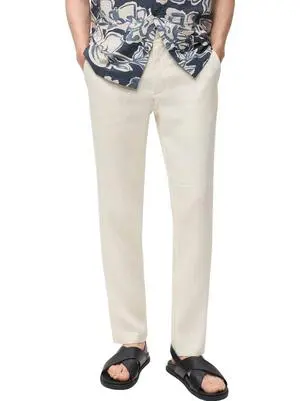 Mango Slim Fit Flat Front Linen Trousers - Off White