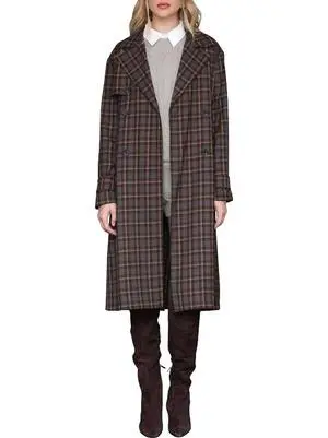 AVEC LES FILLES Plaid Belted Trench Coat With Button Detail