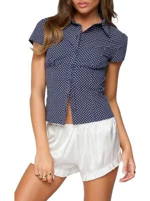 EDIKTED Polka Dot Cotton Button-up Shirt - Navy