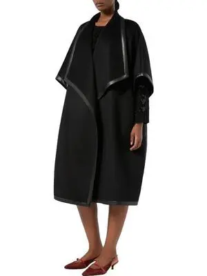 Marina Rinaldi Ortica Faux Leather Trimmed Virgin Wool Poncho - Black