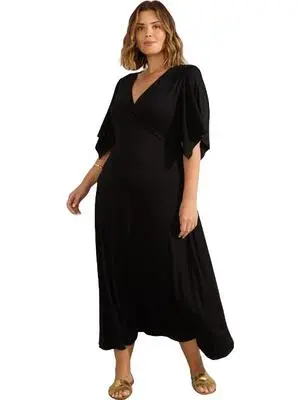 LIVE UNLIMITED Jersey Angel Sleeve Wrap Midi Dress - Black