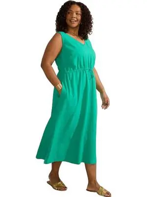 LIVE UNLIMITED Linen Blend Drawstring Midi Dress Green