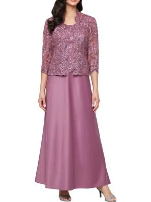 Alex Evenings Embroidered Mock Two-piece Gown With Jacket - Dark Mauve