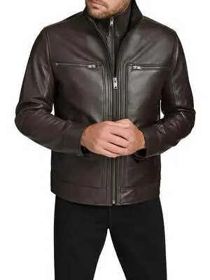 Andrew Marc Leather Moto Jacket With Bib - Dark Brown