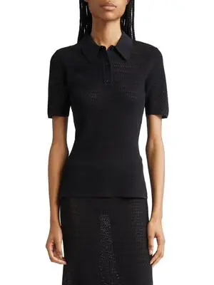 Victoria Beckham Chevron Pointelle Polo Sweater - Black