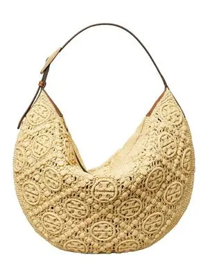 TORY BURCH T-Monogram Woven Raffia Shoulder Bag