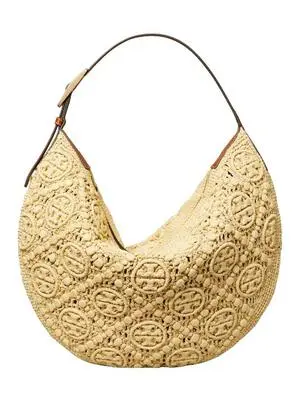 Tory Burch T-Monogram Woven Raffia Shoulder Bag Natural