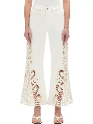 BAYEAS High-waist Embroidered Wide-leg Jeans - Beige