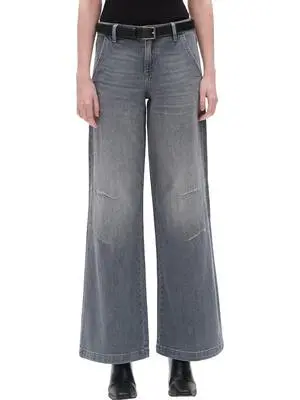 BAYEAS Slant Pocket Mid Rise Wide Leg Jeans - Grey Blue