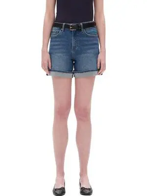 BAYEAS High-waist Denim Cuffed Hem Shorts - Dark Blue