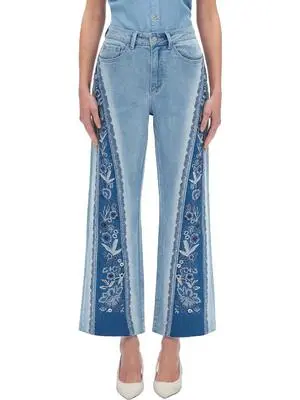 BAYEAS Patchwork Embroidered High-waist Crop Flare Jeans - Medium Blue