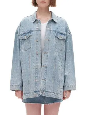 BAYEAS Oversized Rhinestone Denim Trucker Jacket - Light Blue