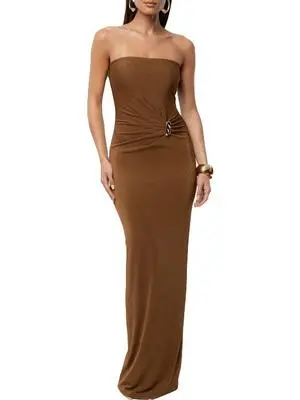 JLUXLABEL Celestial Drift Pleated Strapless Maxi Dress Brown