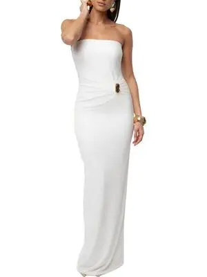 JLUXLABEL Celestial Drift Pleated Strapless Maxi Dress White